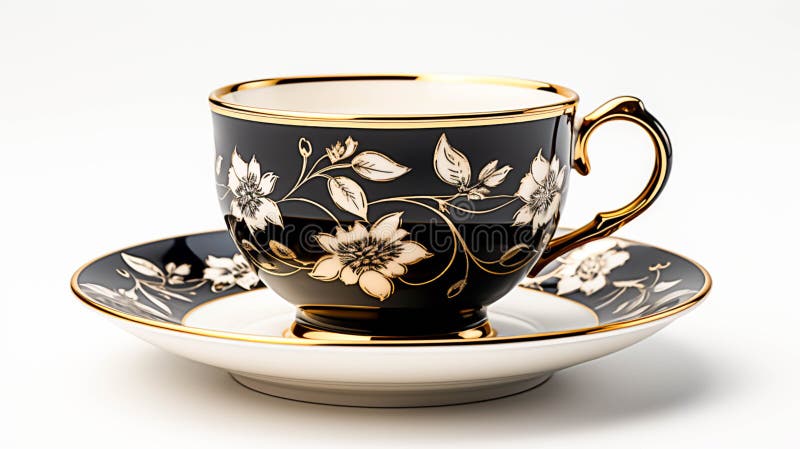 An Elegant Old Fashioned Coffee Cup Black and Shiny on Saucer Stock ...