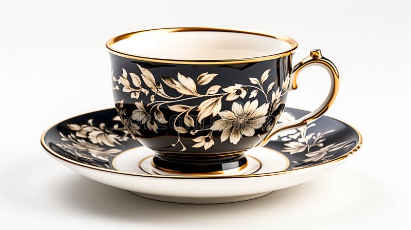 An Elegant Old Fashioned Coffee Cup Black and Shiny on Saucer Stock ...
