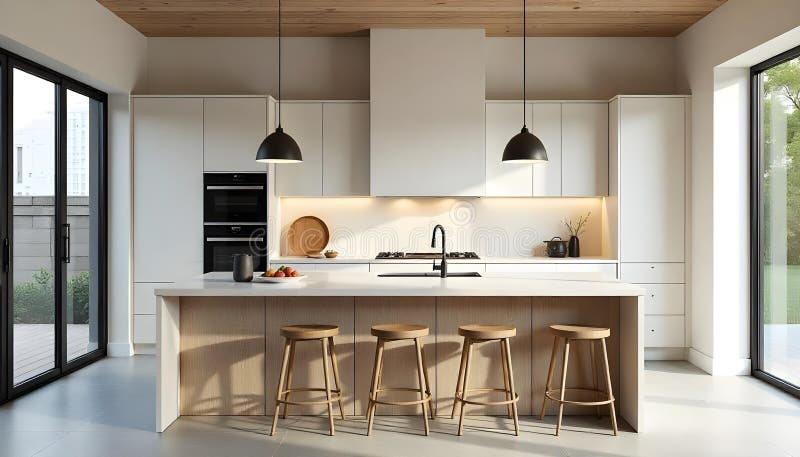 Elegant Open-plan Kitchen with White Cabinets Industrial Details and ...