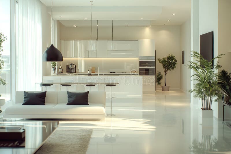 Elegant Open Plan Living Room and White Kitchen Featuring Luxurious ...