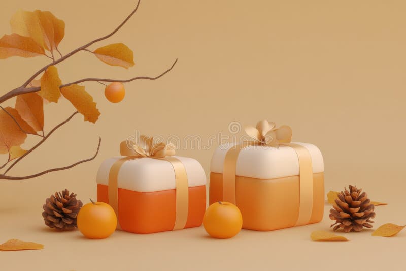 Elegant Orange and Cream Gift Boxes with Autumn Elements and Pinecones ...
