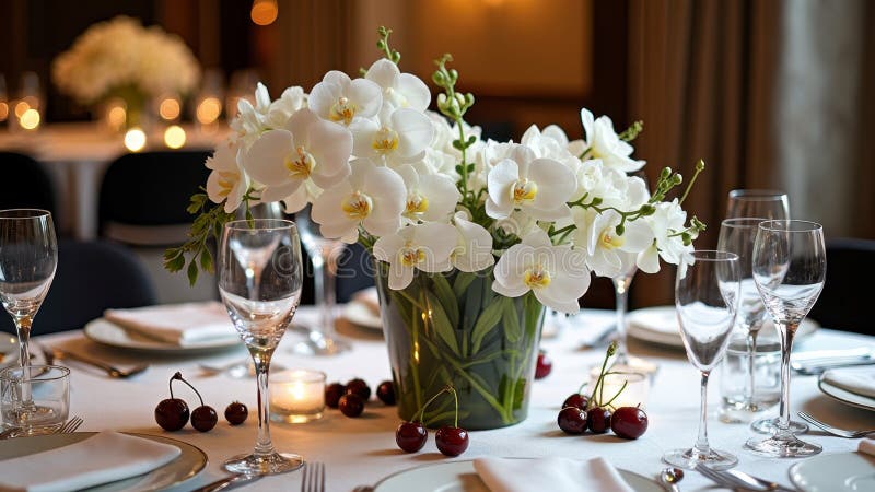 Elegant Orchid Centerpiece at Formal Dining Table with Glassware and ...