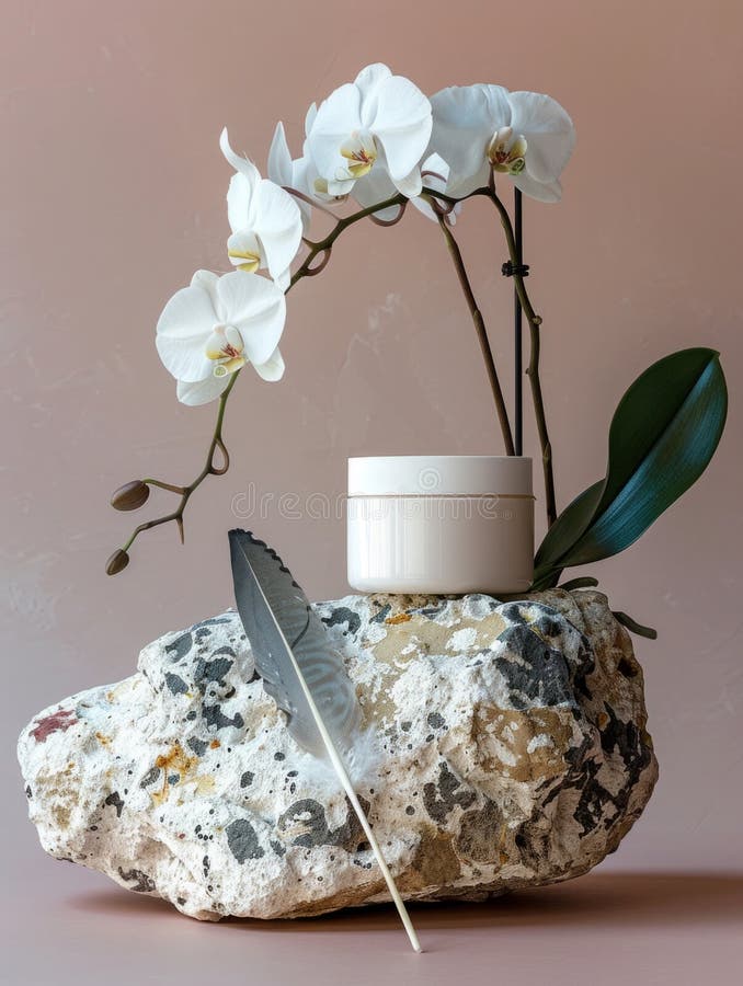 Elegant Orchid Display on Textured Stone with Quill Stock Image - Image ...