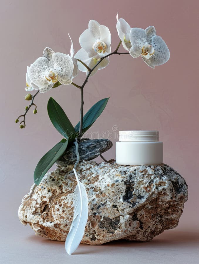 Elegant Orchid Display on Textured Stone with Quill Stock Image - Image ...