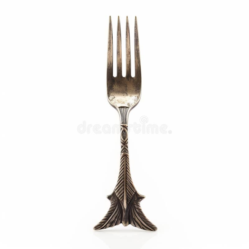 Elegant Ornate Silver Fork with Leaf Pattern on White Stock ...