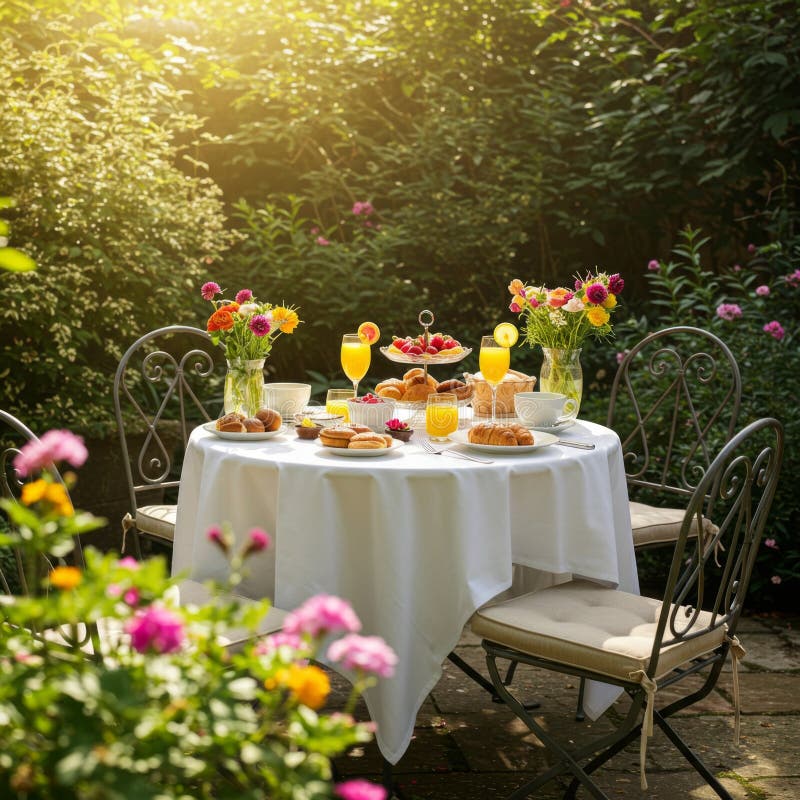 Elegant Outdoor Breakfast Setting in a Sunlit Garden Stock Illustration ...