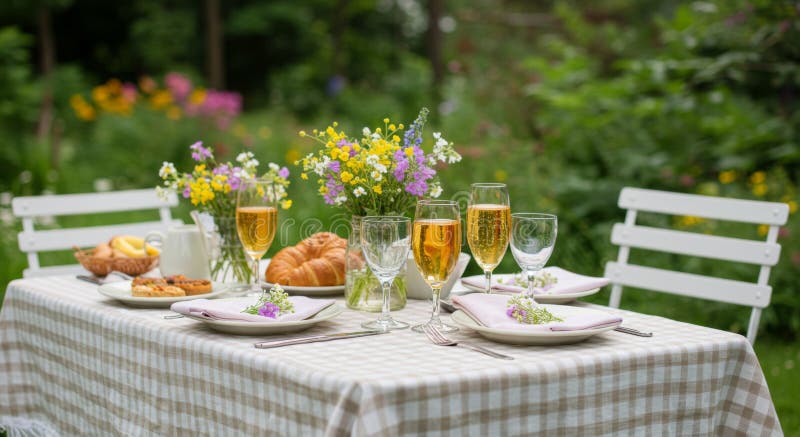Elegant Outdoor Breakfast Setting with Wildflowers Stock Illustration ...