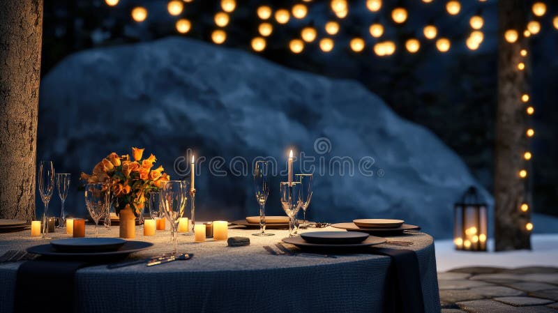 Elegant Outdoor Dining Setup with Flowers and Candles Under String ...