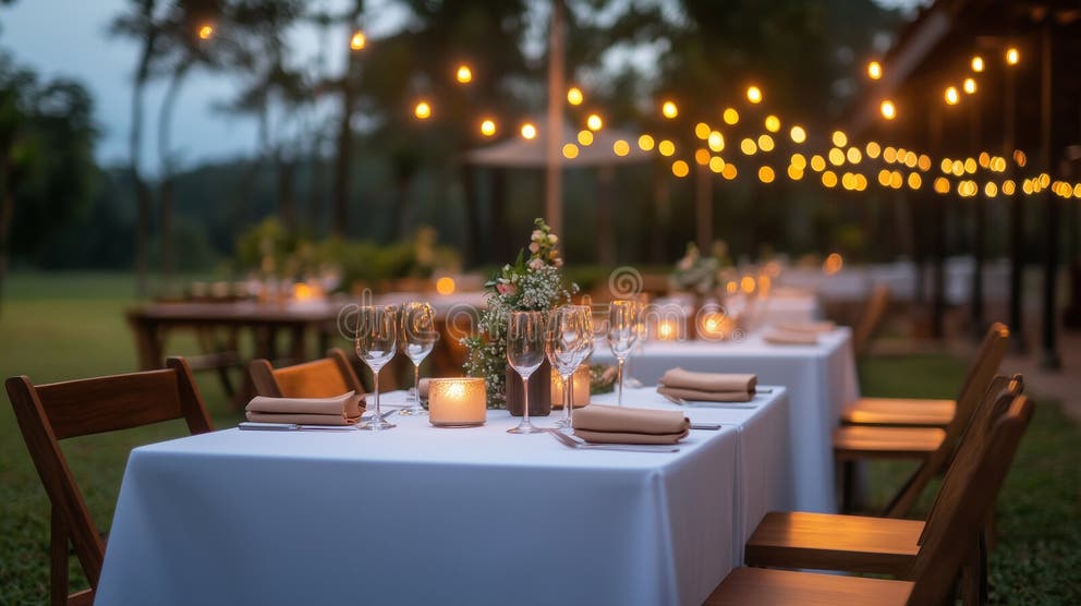 Elegant Outdoor Dining Setup with String Lights, Tables, and Decor ...