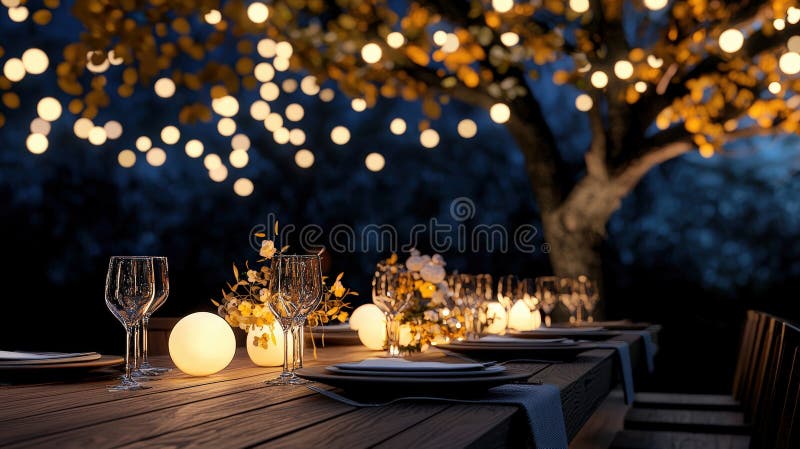 Elegant Outdoor Dining Setup Under Twinkling Lights at Night Stock ...