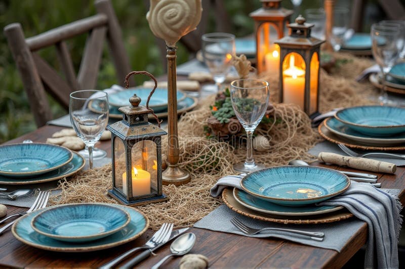 Elegant Outdoor Dining Table Set with Lanterns and Rustic Decor for a ...