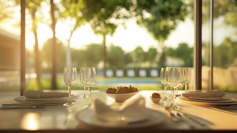 Elegant Outdoor Dining Table Set for Two, Overlooking a Garden and Pool ...