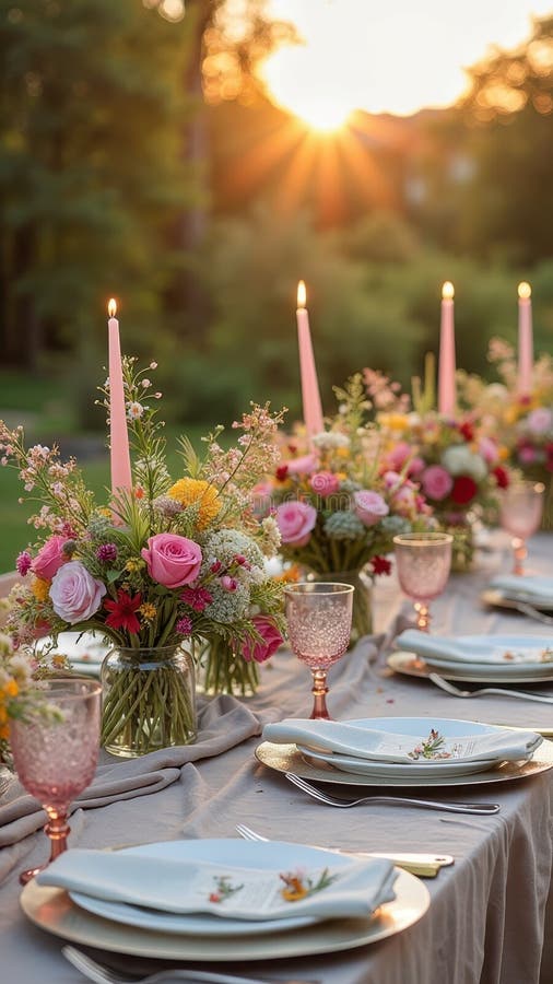 Elegant Outdoor Dinner Setting Floral Centerpieces Sunset Lighting ...