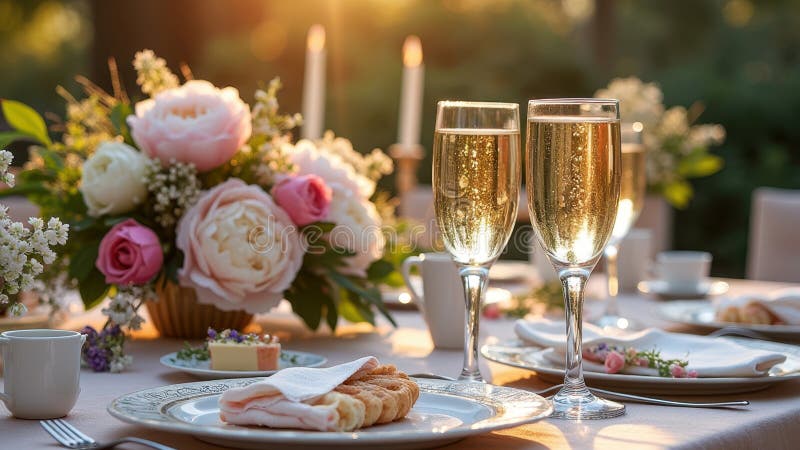 Elegant Outdoor Dinner Setting with Flowers and Champagne at Sunset ...