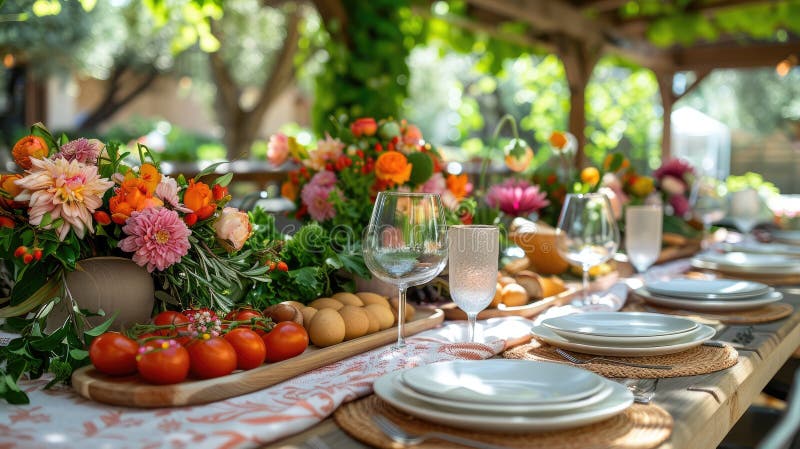 Outdoor Easter Dining Table Setting in Blooming Garden Stock Photo ...