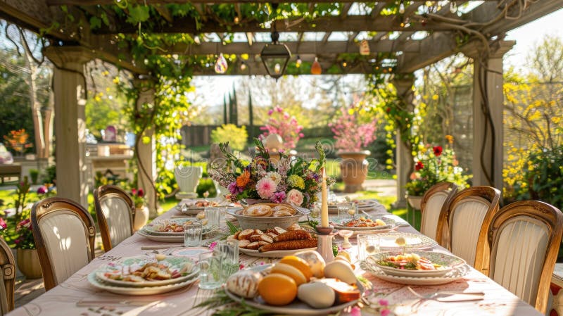 Outdoor Easter Dining Table Setting in Blooming Garden Stock Image ...