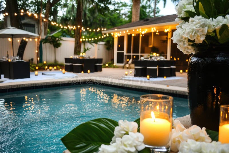 Elegant Outdoor Evening Pool Party with String Lights and Candlelit ...