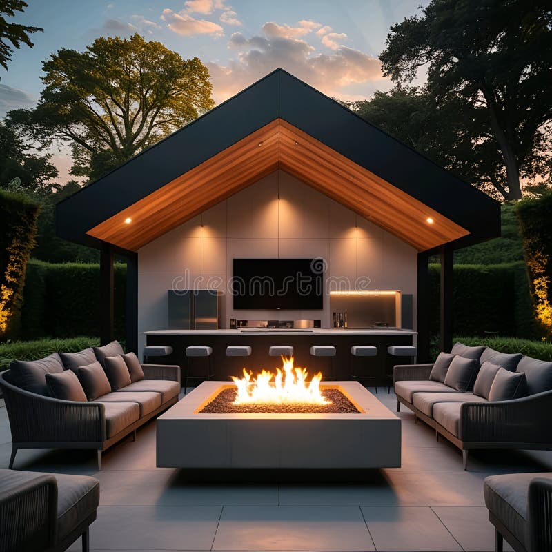 Elegant Outdoor Lounge with Cozy Fire Pit Ambiance Stock Photo - Image ...