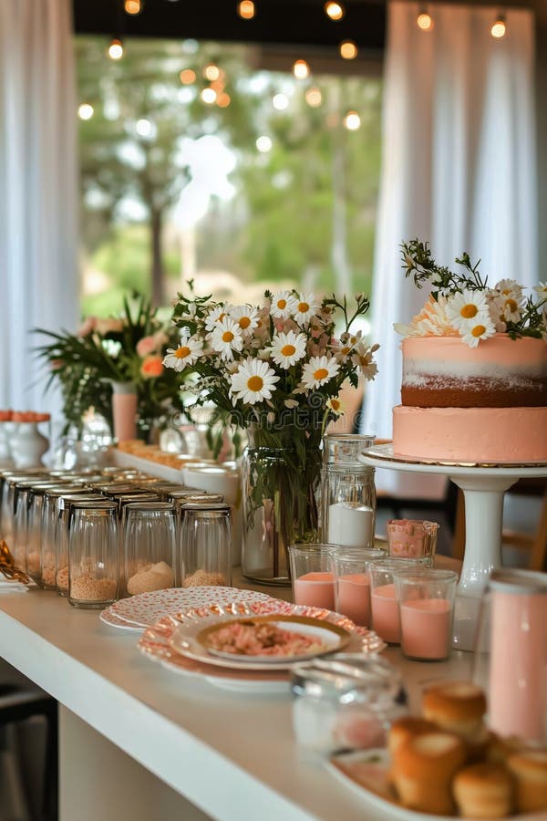 Elegant Outdoor Table Arrangement with Cakes and Flowers for a Spring ...