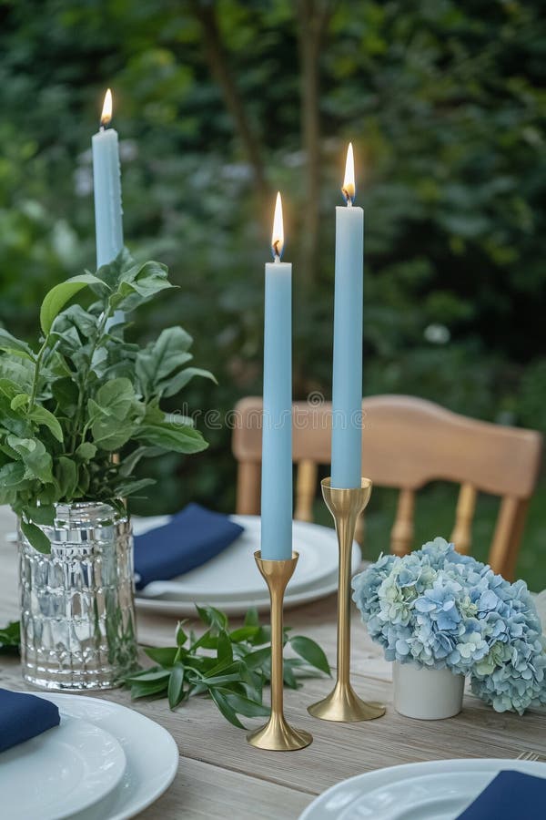 Elegant Outdoor Table Setting with Blue Candles High Quality Image ...