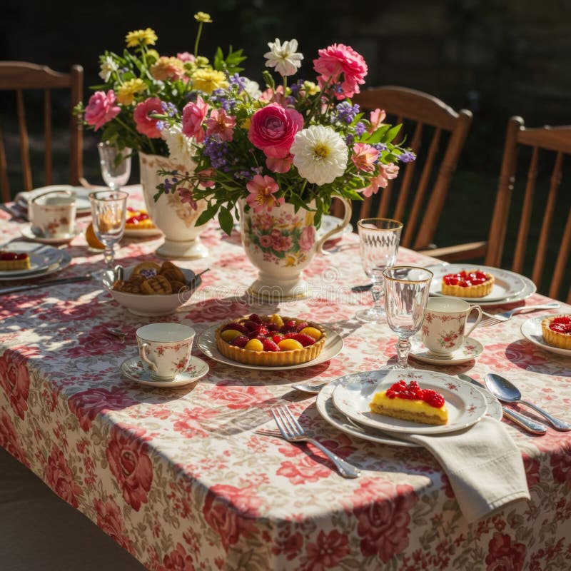 Elegant Outdoor Table Setting with Floral Arrangement and Pastries ...