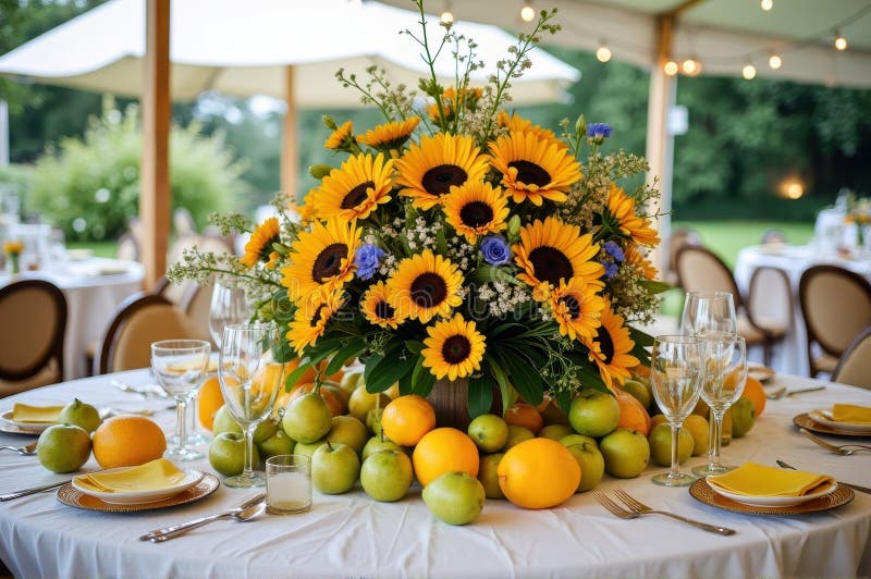 Elegant Outdoor Table Setting with Sunflower Centerpiece and Fresh ...