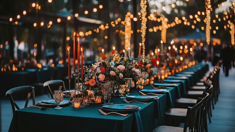 Elegant Outdoor Wedding Reception Table Setting, Night Stock Image ...