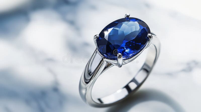 Elegant Oval Blue Sapphire Ring on Silver Band Sparkles in Soft Light ...
