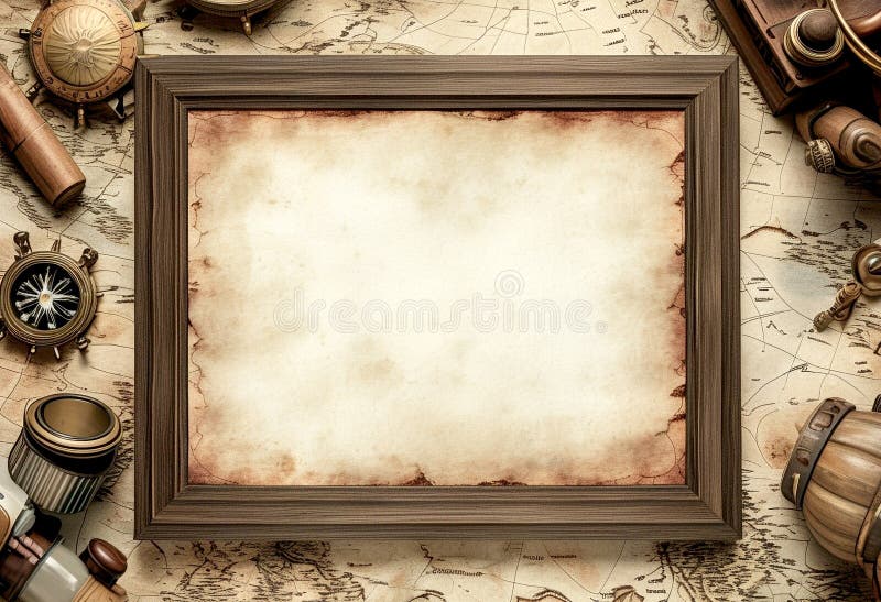 Vintage Treasure Map with Empty Frame Surrounded by Antique Exploration ...
