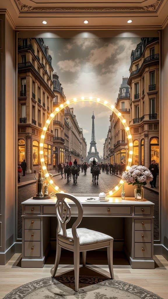 Elegant Parisian Vanity with Eiffel Tower Backdrop and Illuminated ...