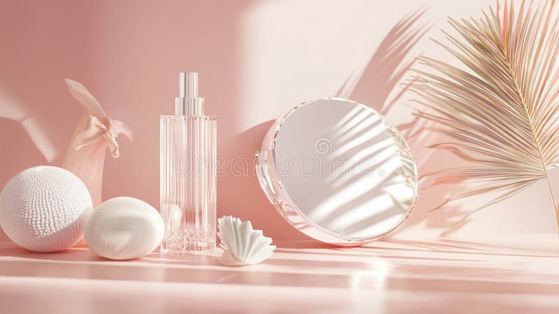 Elegant Pastel Composition with Perfume Bottle and Mirror Stock Image ...