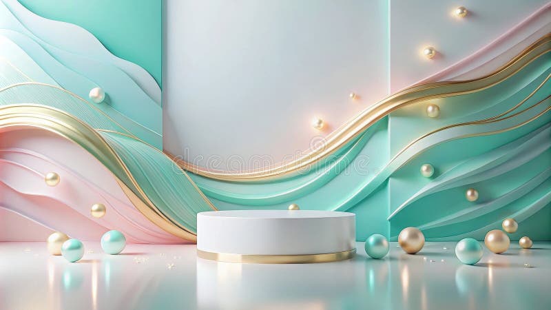 Elegant Pastel Display with Golden Accents and Floating Spheres ...