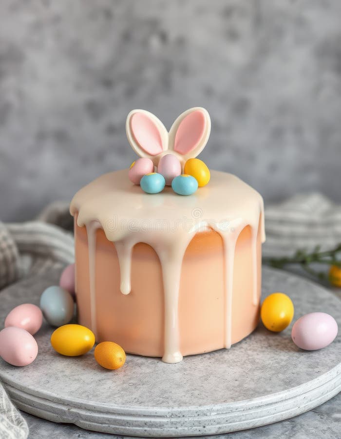 Elegant Pastel Easter Cake Decorated with Chocolate Drip and Candy Eggs for Spring Celebrations ...