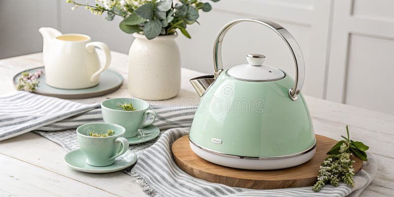 Elegant Pastel Green Kettle with White Handle a Stunning Panoramic ...