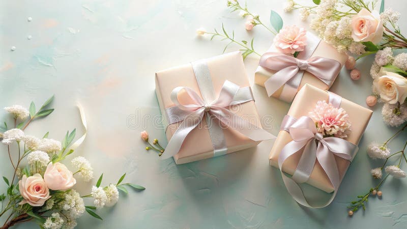 Elegant Pastel Presents Adorned with Delicate Flowers and Ribbons on a ...