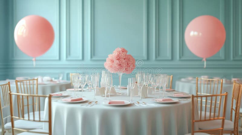 Elegant Pastel Table Setting with Pink Roses and Balloons Stock Illustration - Illustration of ...