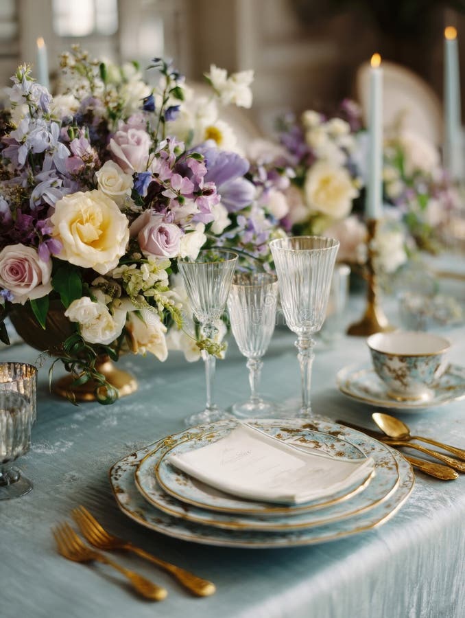 Elegant Pastel Wedding Table Setting with Floral Centerpiece Stock ...