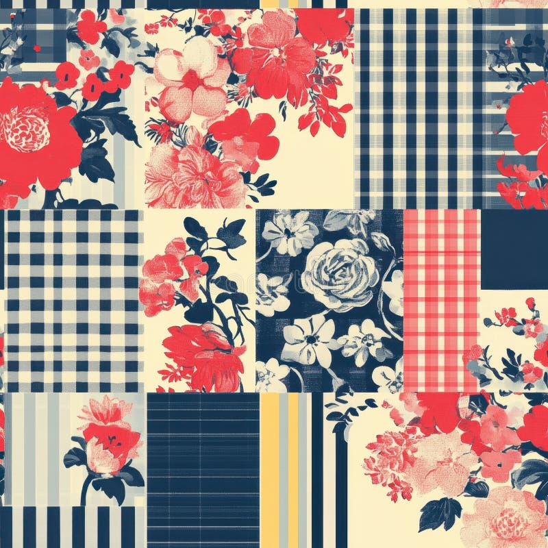 Elegant Patchwork of Vintage Floral and Gingham Patterns Stock Image ...
