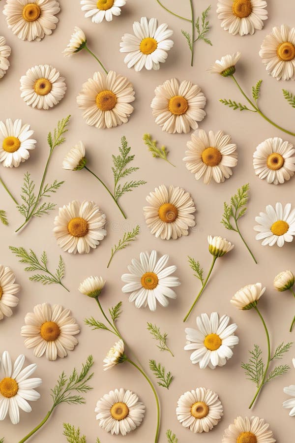 Elegant Aesthetic Chamomile Daisy Flowers Pattern on Neutral Beige ...