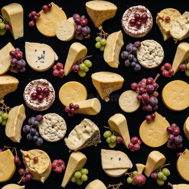 Elegant Pattern Featuring Various Gourmet Cheeses and Grapes Arranged ...