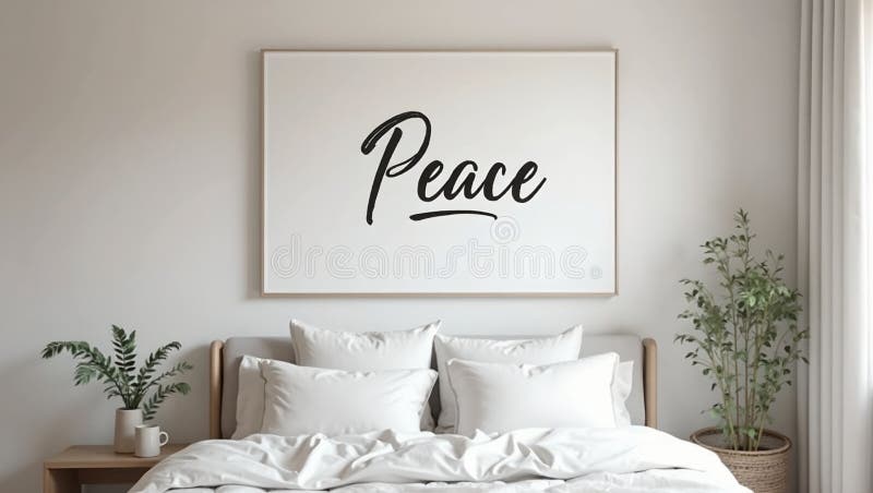 Elegant Peace Script on Canvas Above Bed with White Bedding Stock ...