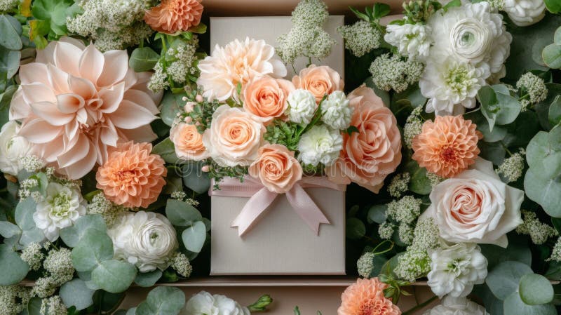 Elegant Peach and White Flower Gift Box Arrangement Stock Illustration ...