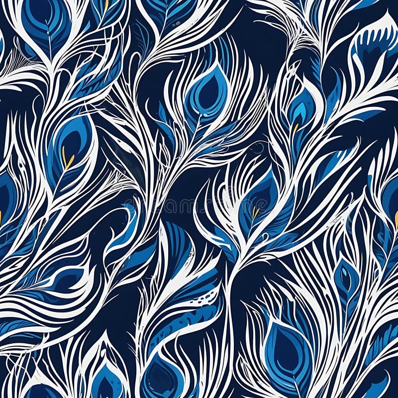 Elegant Peacock Feather Pattern Blue White Design Textile Fabric Print ...