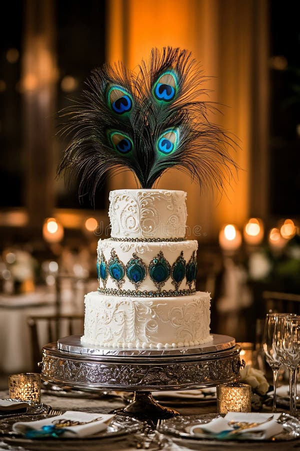 Elegant Peacock Feather Wedding Cake Dessert High Quality Image Stock ...