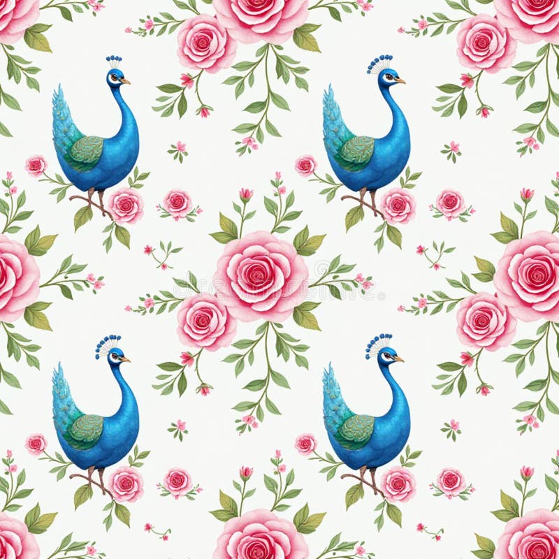 Elegant Peacock and Rose Pattern Stock Illustration - Illustration of ...