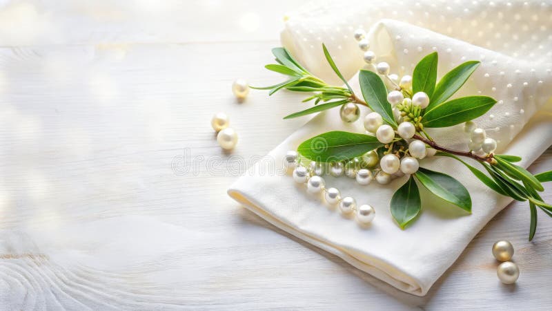 Elegant Pearl Necklace and Greenery on White Fabric. Generative AI ...