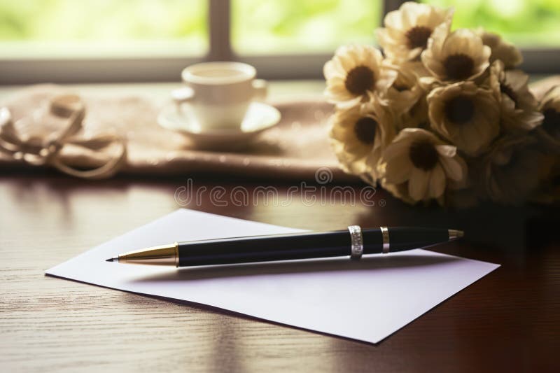 Elegant Pen on Blank Note with Coffee and Flowers Stock Photo - Image ...