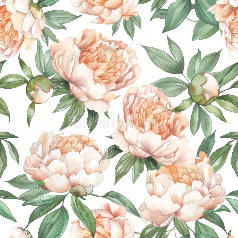 Elegant Peony Bloom and Green Leaf Seamless Pattern Stock Photo - Image ...