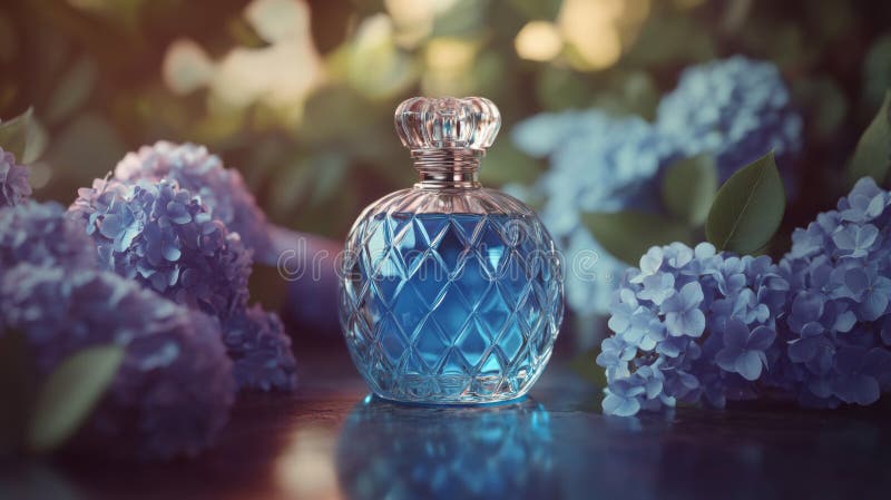 Elegant Perfume Bottle Amidst Blooming Blue Hydrangeas Stock ...