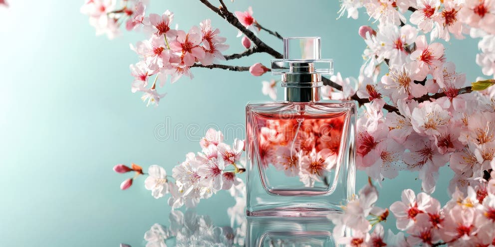 Elegant Perfume Bottle with Cherry Blossoms on Reflective Surface ...